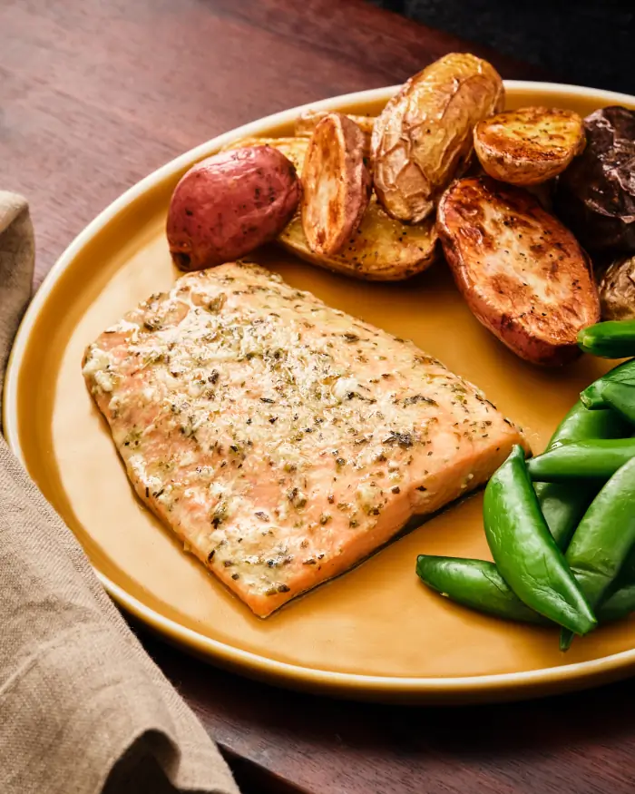 Salmon with Roasted Fingerling Potatoes and Snap Peas | Morey's Fine ...